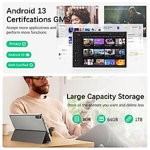 10 inch Android 13 Tablet, 8GB（4+4） RAM+64GB ROM 1TB Expand, 2 in 1 Tablets with Keyboard, Case, Mouse, Stylus, 1280x800 IPS Touch Screen, Quad-Core, WiFi 6, Bluetooth5.0, Dual Camera (Gray)