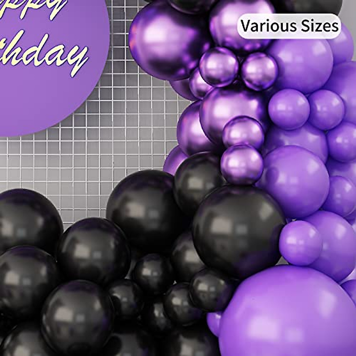 GREMAG Purple Balloon Garland Kit, 112 Pcs Black Purple Metallic Silver Balloon Arch Kits, 5 10 12 18 Inch Latex Balloons for Graduation Decorations Birthday Party Anniversary Backdrop Halloween