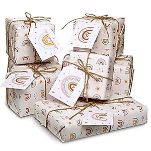 Jetec 10 Pcs Boho Rainbow Wrapping Paper Baby Girl Baby Shower Wrapping Paper Sheet Pastel Rainbow Wrap Folded Flat with Gift Tags for Women Girls Birthday Baby Shower Wedding Party Supplies