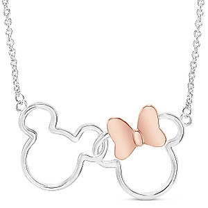 Disney Mickey and Minnie Mouse Jewelry for Women, Two Tone Interlocking Mickey and Minnie Pendant Necklace; Silver Plated, 18"