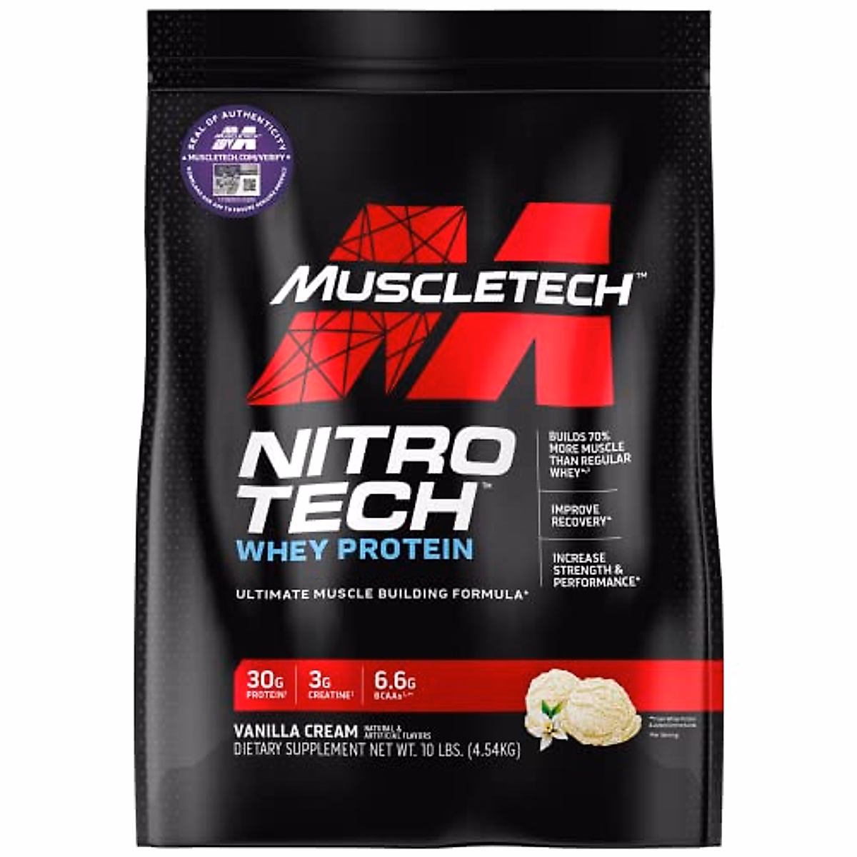 MuscleTech Nitro-Tech Whey Protein Powder Isolate & Peptides | Protein + Creatine for Muscle Gain | Muscle Builder for Men & Women | Sports Nutrition | Vanilla, 10 lb (100 Servings)