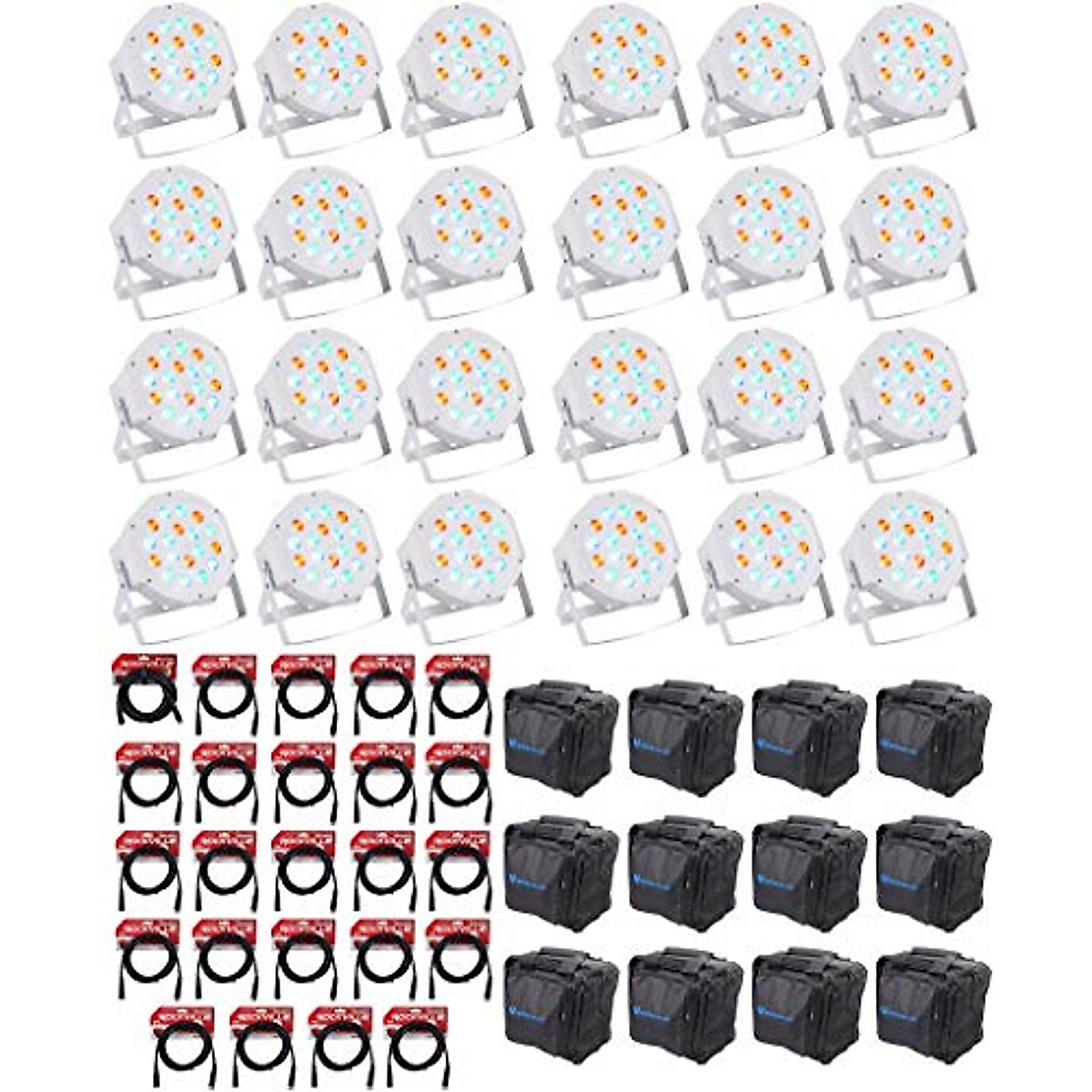 (24) Rockville LED RGB Par Can Wash Light - White Bundle: (12) Wash Lights, (1) Universal Travel Bag, (1) 25ft 3 Pin DMX Lighting Cable, (23) 10ft 3 Pin DMX Lighting Cables (60 Items)