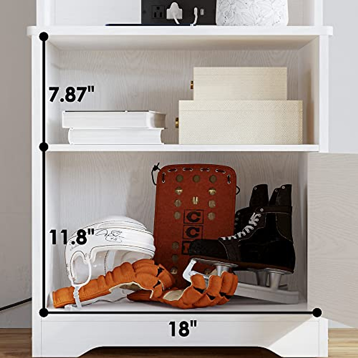 LIKIMIO Night Stand 55" Tall, End Side Table with with Charging Station and Storage Cabinet, Small Bookshelf, for Living Room Office Bedroom, Industrial White