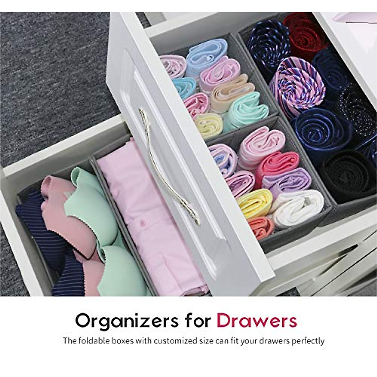 Onlyeasy Foldable Cloth Storage Box Closet Dresser Drawer Organizer Cube Basket Bins Containers Divider with Drawers for Scarves, Underwear, Bras, Socks, Ties, 6 Pack, Herringbone Grey, 7MNRCB6P
