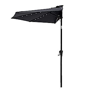 FLAME&SHADE 9 ft Half Round Solar Powered Outdoor Market Patio Table Umbrella for Wall Balcony with LED Lights and Tilt, Anthracite
