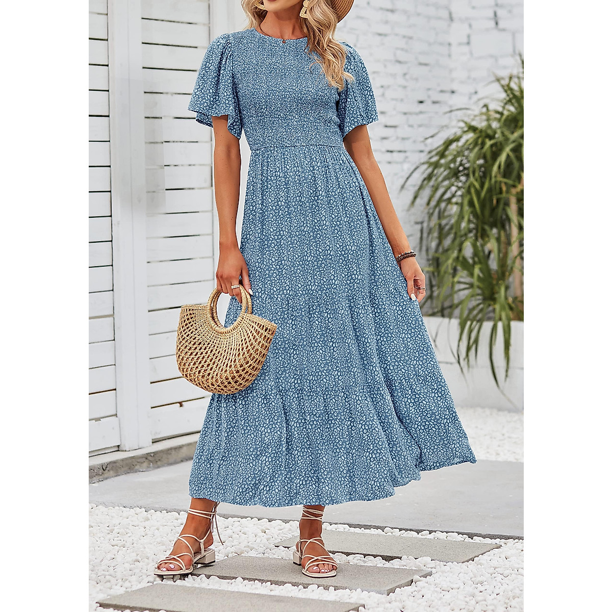 ZESICA Women's 2025 Summer Casual Floral Print Short Flutter Sleeve Crew Neck Smocked High Waist Flowy Maxi Dress,Blue,Large