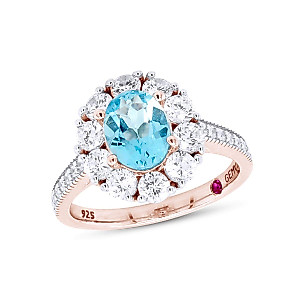GEMVIO Collection 3 1/2 CT Cluster Halo Design, 6X8MM Oval Blue Topaz & Cubic Zirconia Ring 14k Yellow Gold Over Sterling Silver Engagement Wedding Promise Ring For Womens (3.50Cttw) Ring Size-7.5