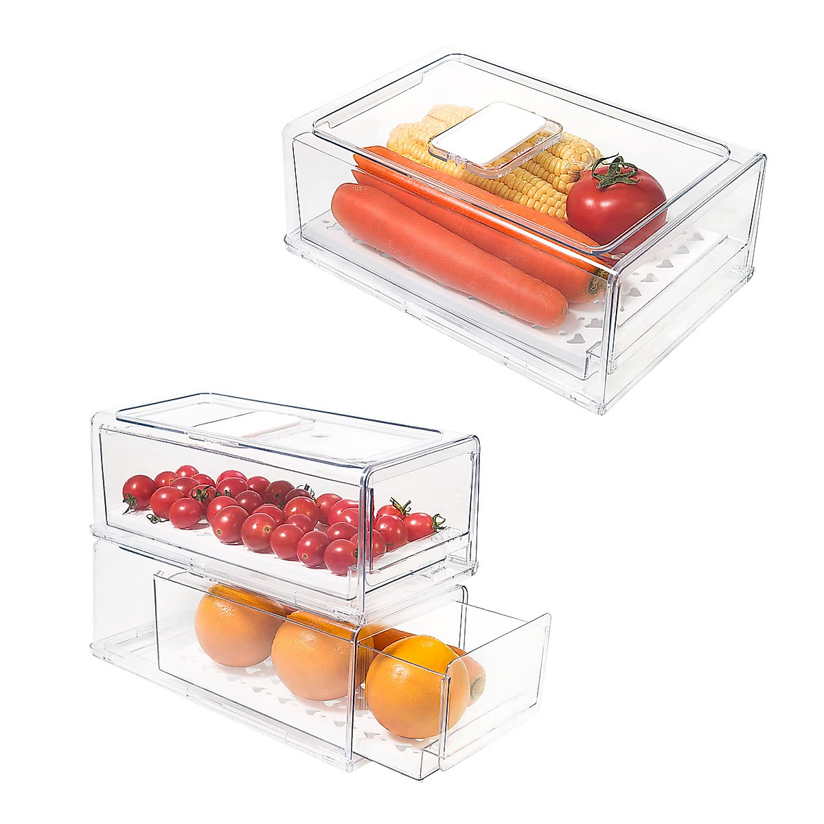 elabo Stackable Refrigerator Organizer Drawers with Removable Drain Tray, Fridge Organizer Bins, Pull Out Food Storage Container Bins with Drawer for Freezer and Kitchen, BPA-Free, Clear, 3 Pack