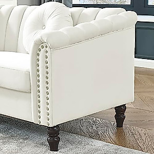 FULife 72" Velvet Upholstered Loveseat Tufted Futon Sofa,Chesterfield Accent 3 Seaters Sofá Couch with Nail Arms&2 pillows for Living Bedroom/Apartment/Office/Studio/Bonus Room/Compact Places, Beige