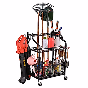 Snail Garden Tool Storage Organizer with Wheels Yard Tool Stand Holder for Garage Lawn and Outdoor, Steel Yard Tool Racks to Store Yard Long Rakes, Brooms, Mops and Buckets, Garden Tool Rolling Cart