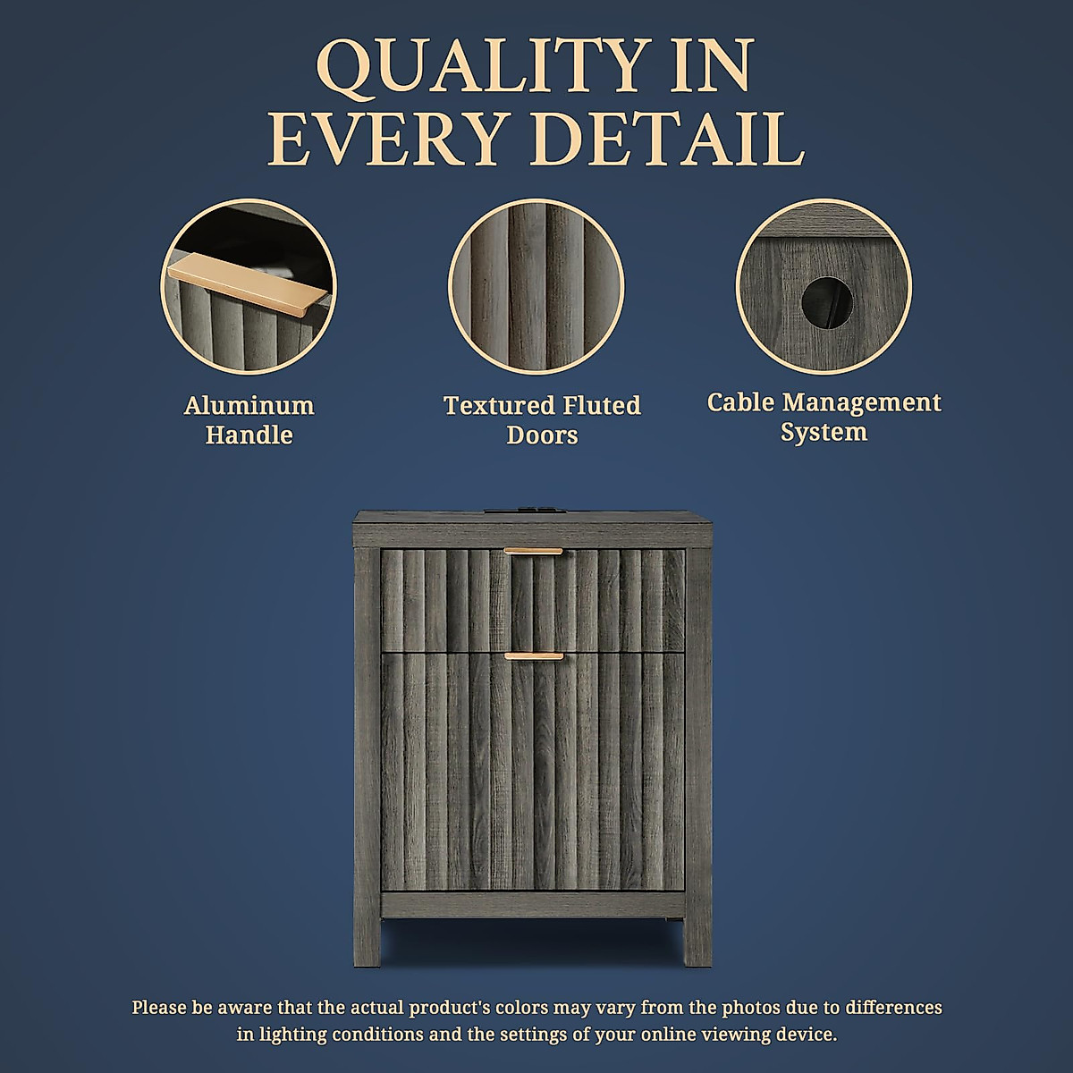 OAKHAM HOME Oxford 2 Drawer Nightstand, End Table with Charging Station, Night Stand with Fluted Panel, Farmhouse Sofa Bed Side Table for Bedroom, Living Room (Midnight Oak)