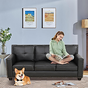 Mlxgoie Faux Leather 3-Seater Upholstered Sofa Couch, 79.5 Inch, Black