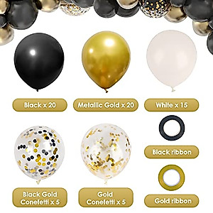 RUBFAC 65pcs 12 Inches Black Gold Confetti Balloons Kit, Metallic Gold and Black White Party Balloons with Ribbons for Birthday, Wedding, Baby Shower, Graduation Decorations