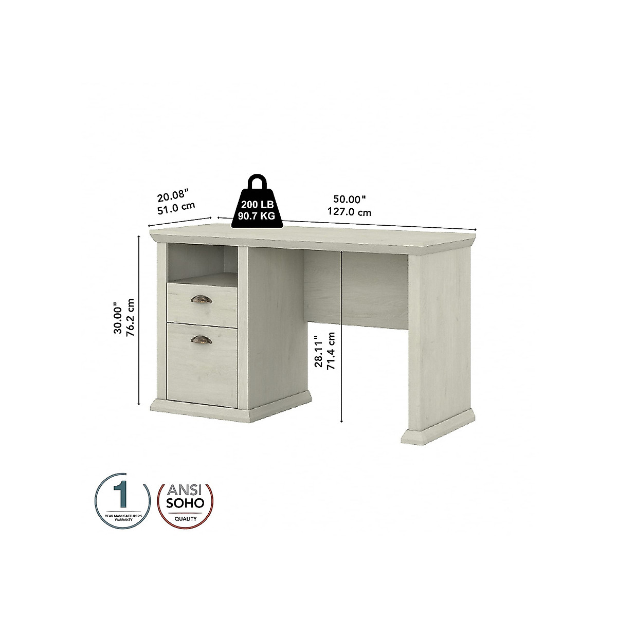 Yorktown 50-Inch Home Office Desk with Storage, Linen White Oak
