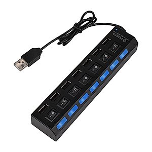 7 Ports USB 2.0 USB Hub, Individual Power On/Off USB Charging High Speed Data Transmitting Hub Adapter for PC Laptop