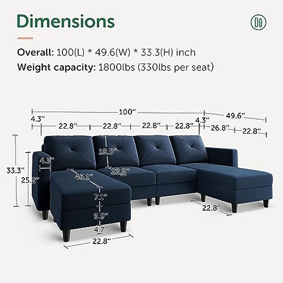 HONBAY Velvet Sectional Sofa with Chaise U Shaped Sectional Couch 4 Seat Sofa for Living Room, Dark Blue