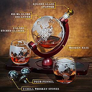 Gifts for Men Dad, Whiskey Decanter Globe Set with 2 Ball Stones & 2 Glasses, Anniversary Birthday Gifts for Him Husband, Unique Christmas Gift for Bourbon Scotch Liquor Vodka, Cool Stuff