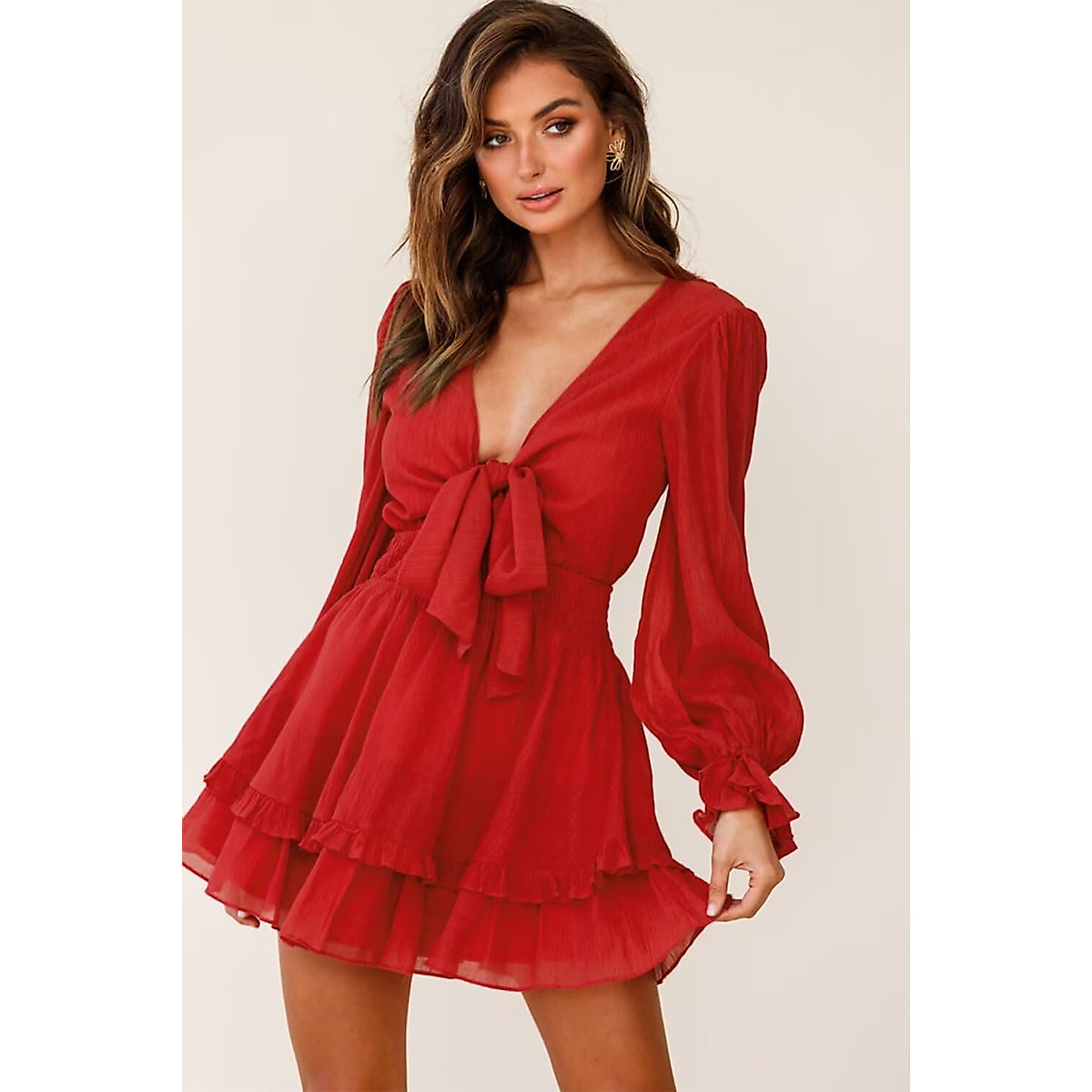 Dokotoo Womens Casual Spring Summer Sexy V Neck Ruffle Elegant Long Sleeve Empire Waist Tie Knot Cute Chiffon Boho Beach Tunic Swing A Line Flowy Mini Short Skater Dresses for Women 2024 Red M