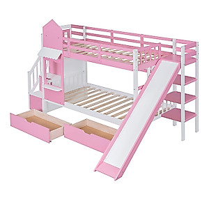 SIYSNKSI Twin-Over-Twin Castle Style Bunk Bed with 2 Drawers and 3 Shelves, Wood Bunk Bed Frame with Slide and Storage Staircase for Kids Teens Boys Girls, Maximize Space Savings (Pink-Twin-3)