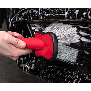Mothers Car Wash Brush, Wheel and Fender Brush, Short Handle Tire Cleaner for Car Detailing, 12 Inch, Red/Black