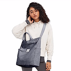 KALIDI Corduroy Tote Bag, Large Messenger Bag Shoulder Hobo Anti Splash Crossbody Zipper Bag Casual Work Shopping Women Grey Blue