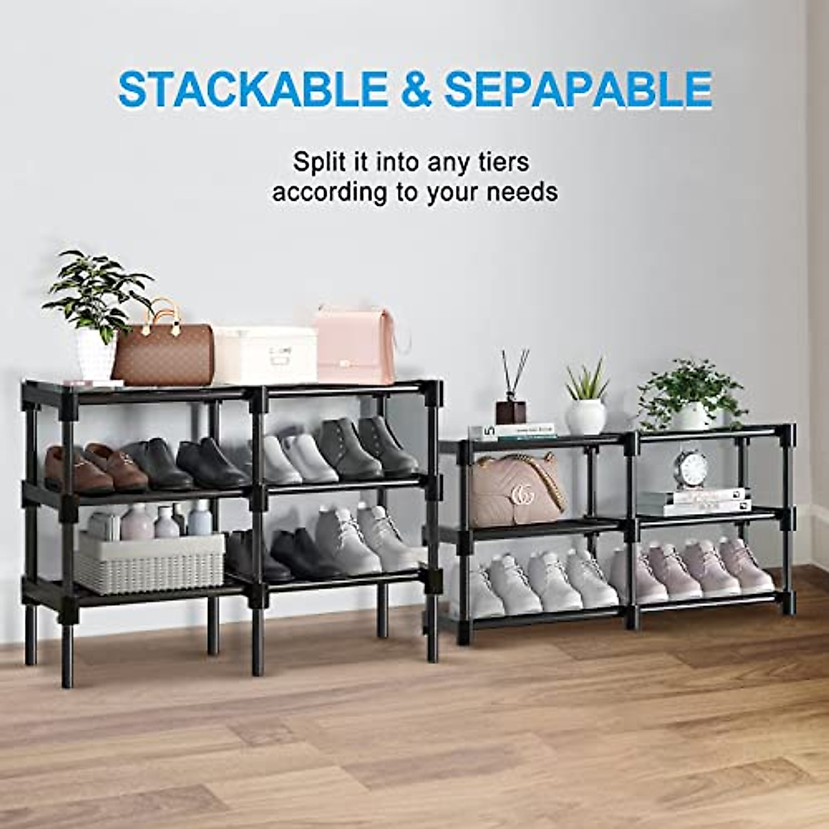 KIMCHOMERSE Shoe Rack, 6 Tiers Shoe Storage Organizer Shelf, Adjustable Light Metal Tubes Shoe Stand, Durable Large Free Standing Shoe Rack for Closet Doorway Hallway Entryway -Black