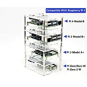 Micro Connectors Four (4) Layer Stackable Acrylic Raspberry Pi 3 Case for Model B B+ and Pi 4 Enclosure with Fan and Heatsinks - Clear (RAS-PCS46)