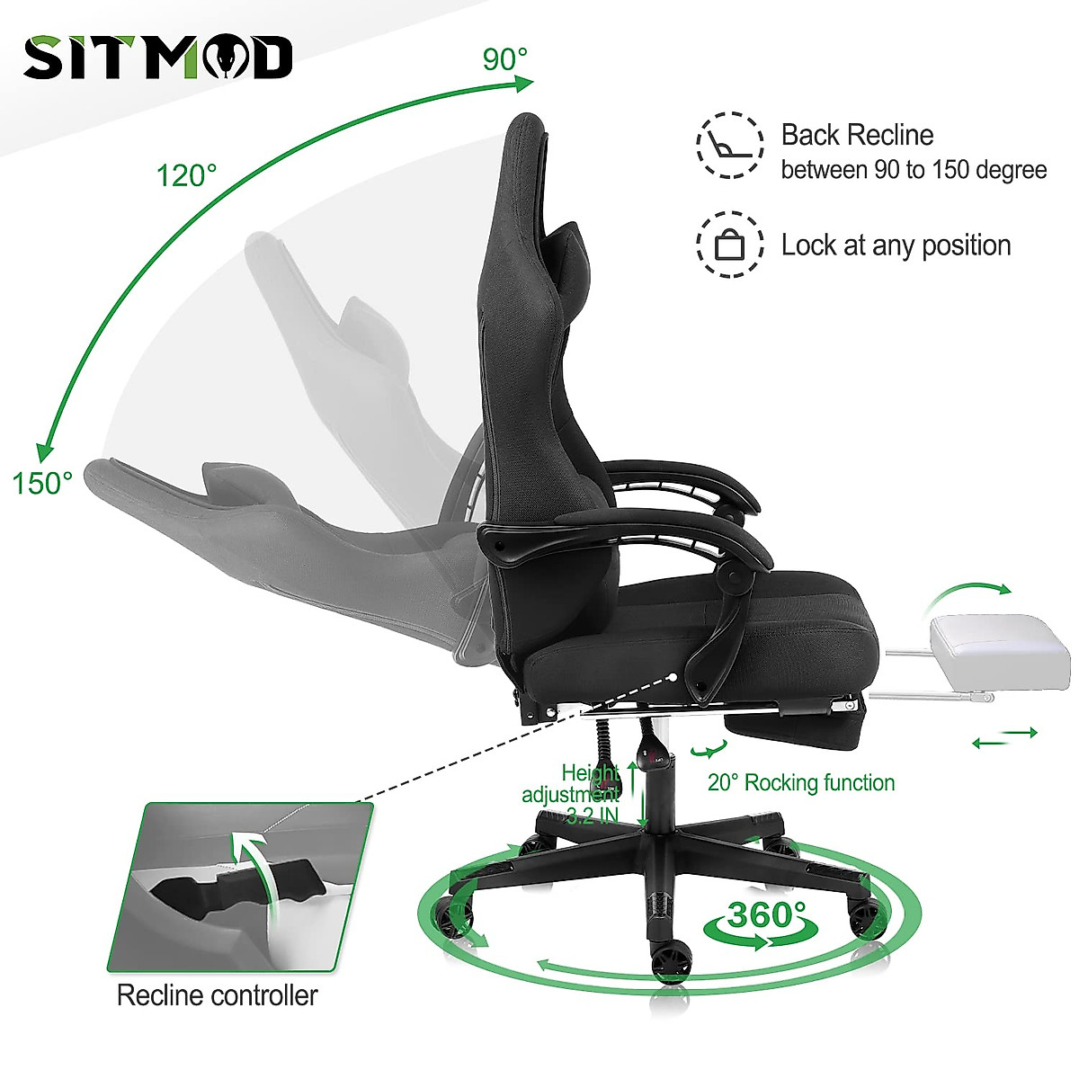 SITMOD Gaming Chairs for Adults Executive Office Chair Back Support Comfy Fabric Ergonomic Chair with Footrest Lumbar Support Computer Chair PC Racing Chair Reclining Swivel Massage Gaming Chairs