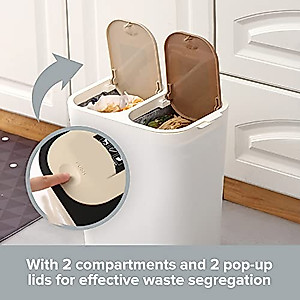 Dual Compartment Trash Can - Nordic Style Trash and Recycling Combo - Double Trash Can with Separate Pop Up Trash Bin Lids - Slim Garbage Can - Kitchen Recycle Bin - 10.2x7.1x13.2in White Trash Can