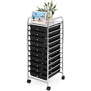 GOFLAME Rolling Drawer Cart with 10 Drawers, Utility Storage Organizer Cart with Wheels and Metal Frame, Art Cart for Office, School, Home, Black