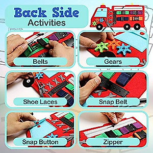 Busy Board for Toddlers 1-3 or 2-4, Firetruck Preschool Educational Early Learning Toy, Basic Life Skills and Fine Motor Montessori Activities for Kids, Learn to Dress Sensory Toy as Travel Game