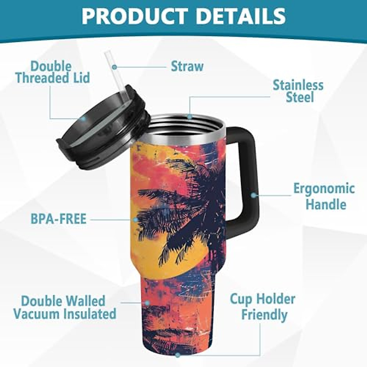 FRCSDIY Coconut Trees and The Sun Insulated Tumbler with Handle and Straw Lid,30oz Leakproof Stainless Steel Cup BPA-Free Water Bottle