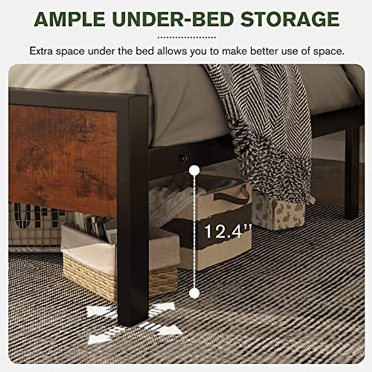 IMUsee Full Size Bed Frame with Wood Headboard and Footboard Platform, Heavy Duty Metal Frame with 12" Under Bed Storage, No Box Spring Needed, Noise Free, Brown