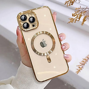 ZIYE Magnetic Case for iPhone 14 Pro Max Case [Compatible with MagSafe] Camera Lens Protector Plating Luxury Cover for Women Men Clear Soft TPU Shockproof Protective Phone Case - Gold