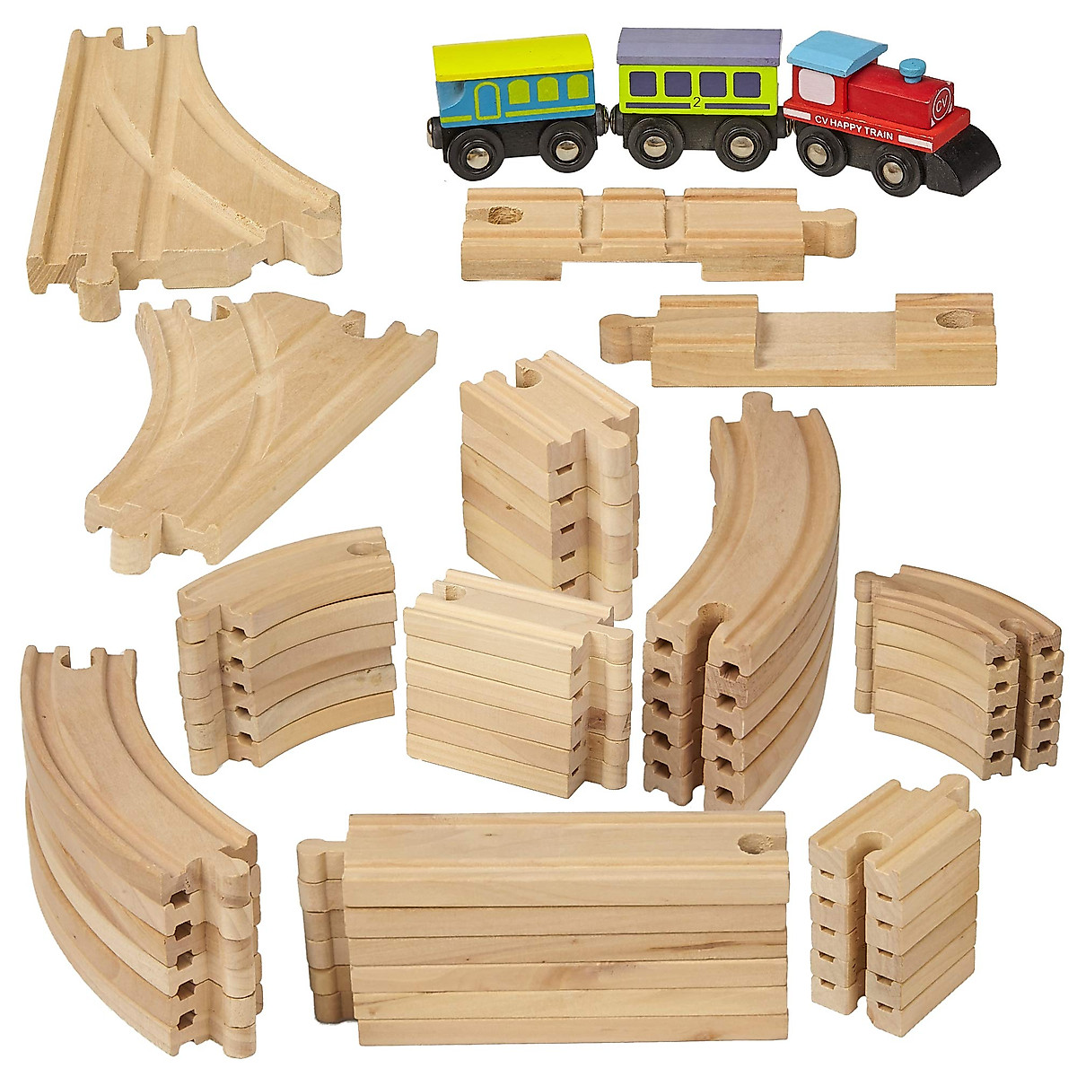 Dragon Drew Wooden Train Tracks - 55 Piece - Compatible with Brio, Thomas, Chuggington and All Major Brands – Accessories and Expansion Kit Includes 52 Tracks and 3 Cute Cars