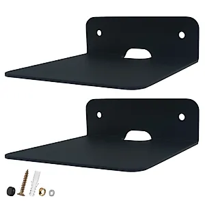 WISDING Small Floating Shelves, 4.25'' Wall Metal Speaker Mount Shelves for Bluetooth Speaker, Webcam, Cell Phones, Mesh Router, Toy Display Shelf Speakers Shelf, 2 Pack, Black, JSZWJ001