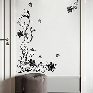 Supzone Flowers Vine Wall Decals Black Flower Wall Stickers Butterfly Floral Wall Decor Removable Vinyl DIY Home Wall Art Stickers for Bedroom Living Room Sofa Backdrop TV Wall Decoration