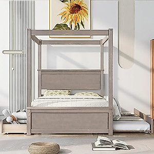 WADRI Modern Full Size Canopy Platform Bed with 2 Drawers and Trundle Bed, Wood Canopy Platform Bed with Support Slat, 4-Post Canopy Platform Bed Frame for Kids Teens Adult, No Box Spring Needed
