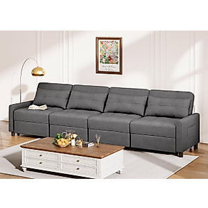 Aiho Pull Out Couch - 4-Seater Sectional Sleeper Sofa, Convertible with Adjustable Backrest & Spring Support for Living Room, Dark Grey