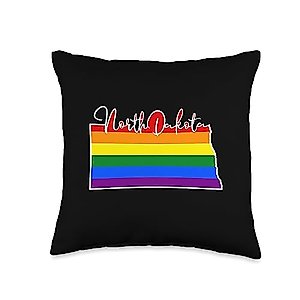 North Dakota Map USA State Rainbow Pride Flag North Dakota Map USA State Rainbow Flag Pride Month Throw Pillow, 16x16, Multicolor