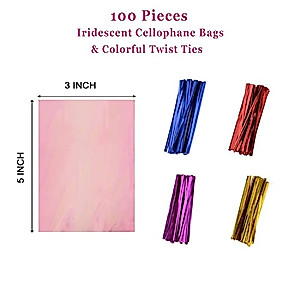 100pcs Cellophane Treat Bags, 3"x5" Iridescent Holographic Goodie Bags, Candy Bags Party Favors Bags with Twist Ties for Birthday Wedding Halloween Christmas, Valentines (3 x 5 inches (Pack of 100))
