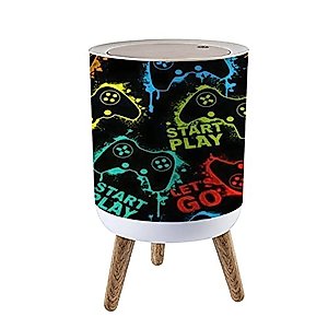 Round Trash Can with Press Lid Seamless abstract with colorful silhouettes joystick game for boys Small Garbage Can Trash Bin Dog-proof Trash Can Wooden Legs Waste Bin Wastebasket 7L/1.8 Gallon