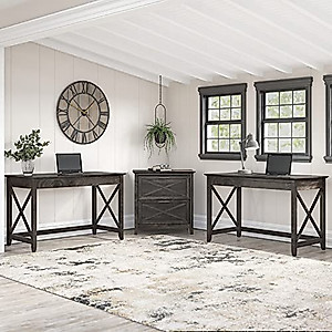 Bush Furniture Key West 2 Person Desk Set with Lateral File Cabinet in Linen White Oak