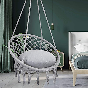 Y- STOP Hammock Chair Macrame Swing, Max 330 Lbs, Hanging Cotton Rope Hammock Swing Chair for Indoor and Outdoor Use, Light Grey