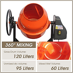 Oarlike 4.2 Cu Ft Electric Concrete Mixer Portable Cement Mixing Machine for Stucco, Mortar Seeds with Wheel and Stand