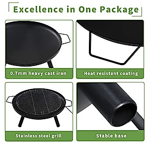 Koreyosh Fire Pit, 21'' Outdoor Patio Steel Fire Pit Wood Burning BBQ Grill Firepit Bowl with Round Mesh Spark Screen Cover Fire Poker for Backyard Garden Camping Picnic Beach Park (Round w/ Grill)