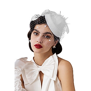 Zivyes White Tea Party Hat Fascinator with Veil Feather Headpiece Derby Hat 20s50s Pillbox Hats for Church Wedding