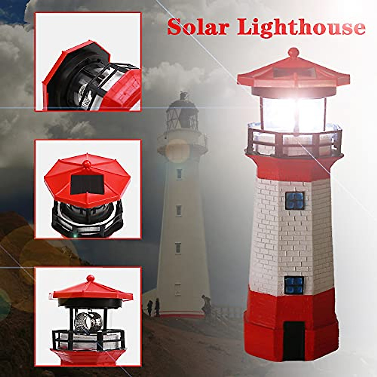 CALIDAKA Solar Powered Lighthouse,Garden Lights,Solar Lighthouse Statue with Spinning Light for Outdoor Patio Yard Garden Lawn Decoration (Red)