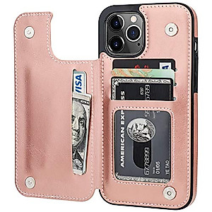 ONETOP Compatible with iPhone 12 Pro Max Wallet Case with Card Holder,PU Leather Kickstand Card Slots Case, Double Magnetic Clasp and Durable Shockproof Cover 6.7 Inch(Rose Gold)