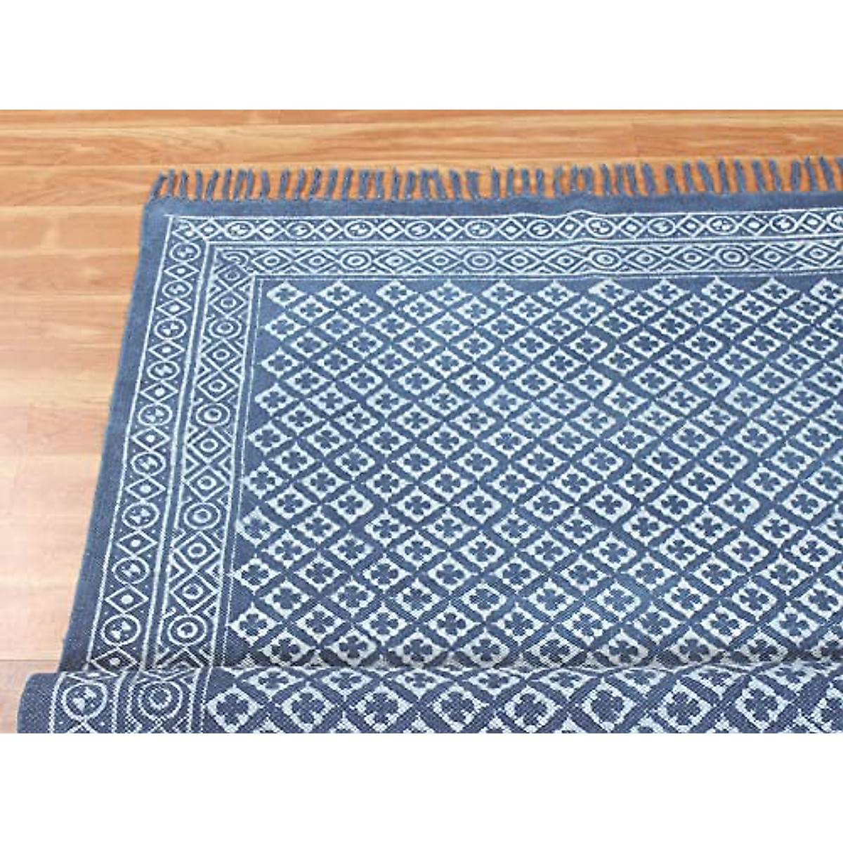 Indigo Blue Rug for Bathroom Handmade Cotton Durries Boho Kilim Rug Flat Weave Indoor Floor Decorative Rugs for Balcony Lounge Floor Bedroom Balcony